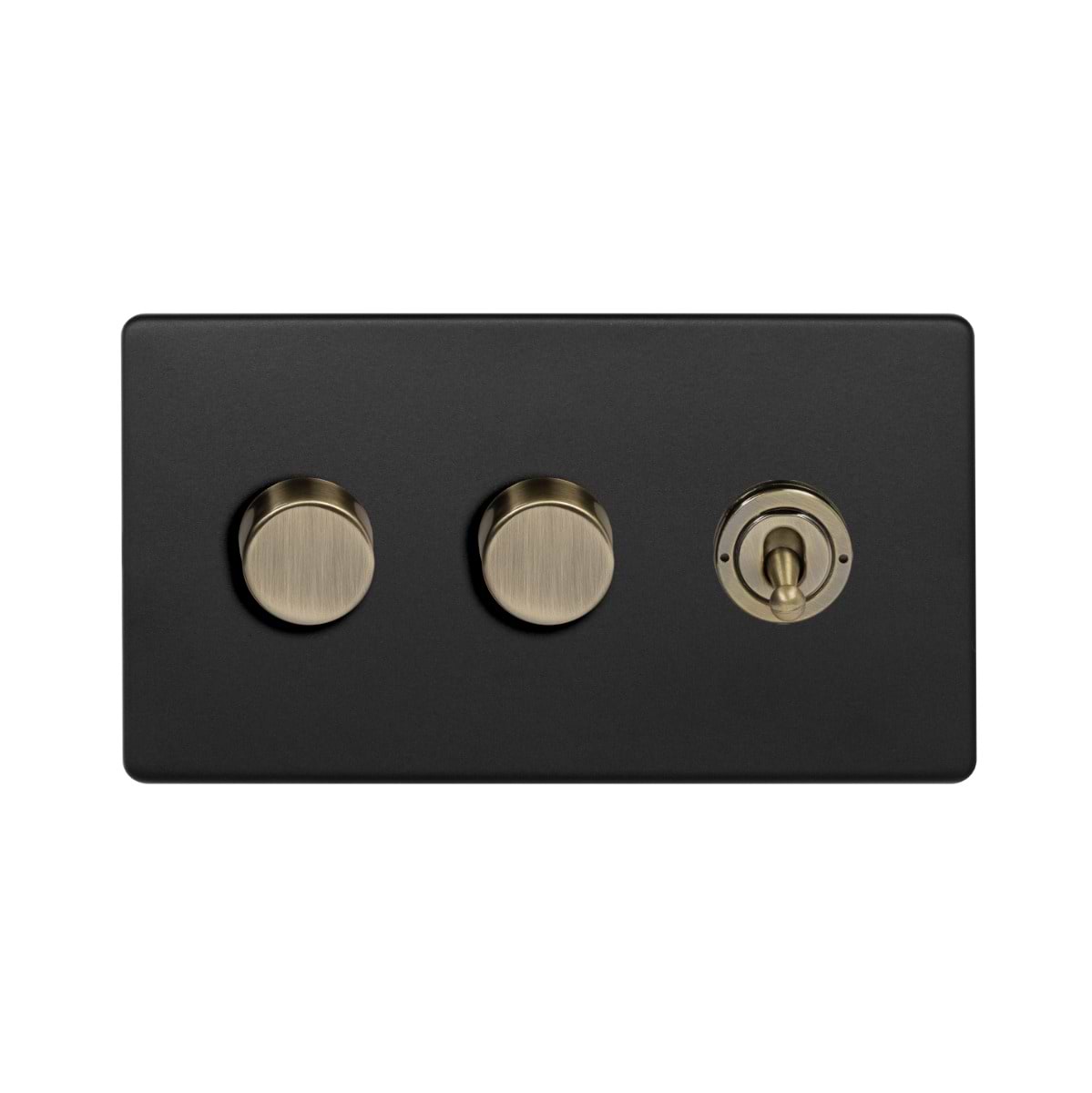 Matt Black and Antique Brass 3 Gang Switch with 2 Dimmers (2x150W LED ...