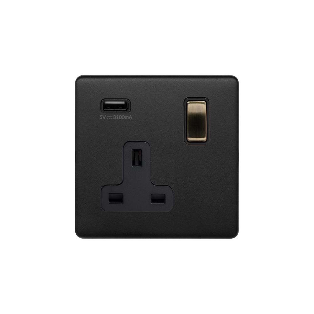 Matt Black Sockets & Switches - Ant Brass